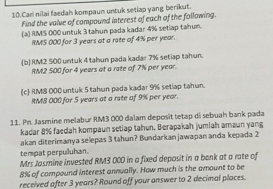 10. Cari nilai faedah kompaun untuk setiap | StudyX