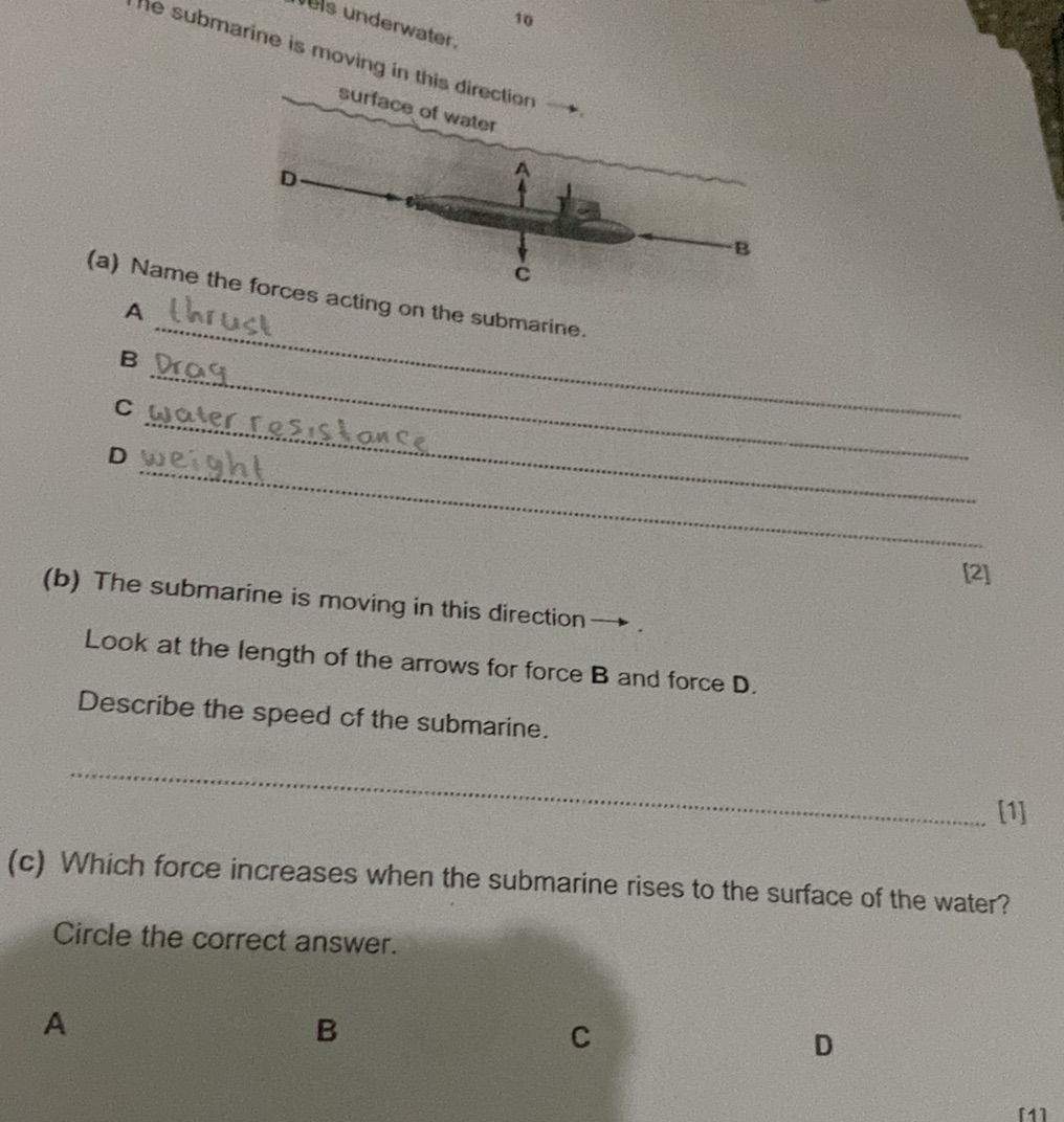 (a) Name the forces acting on the submarine. | StudyX