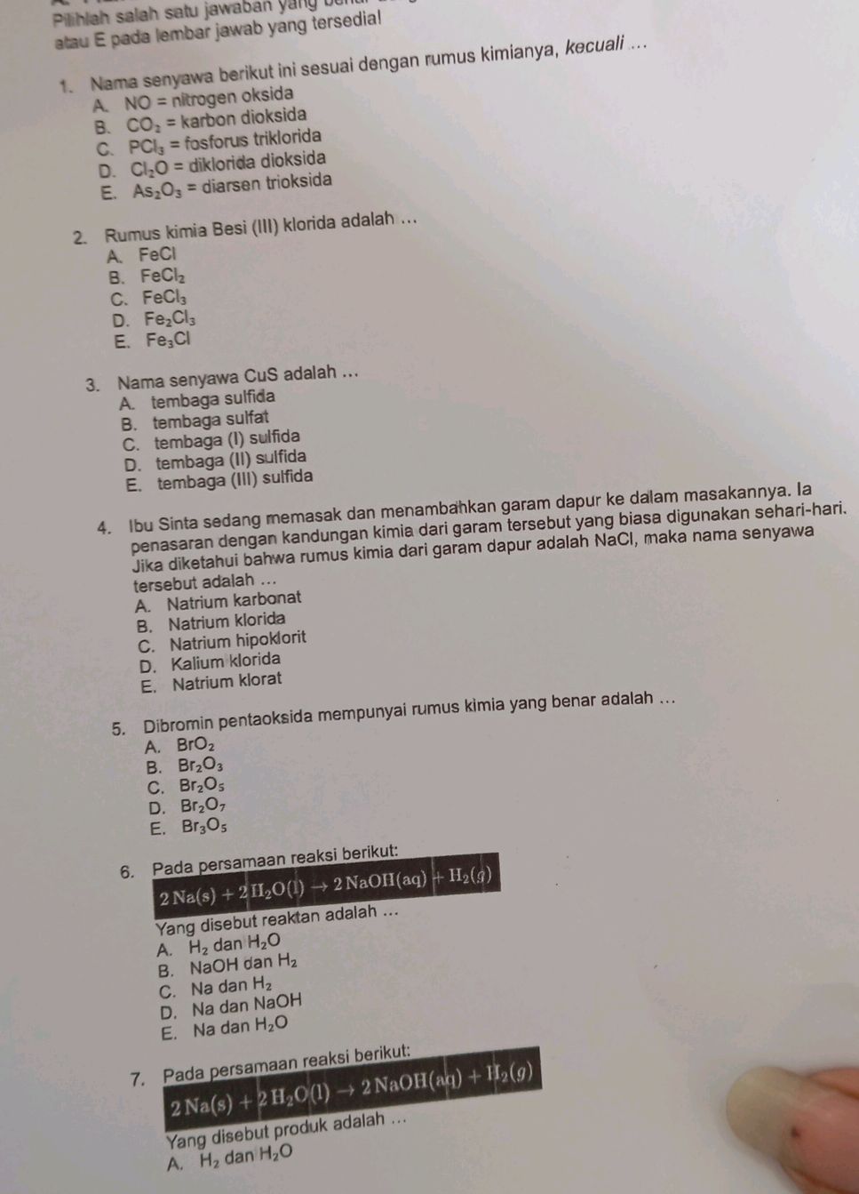 Pilihlah salah satu jawaban yang atau E pada | StudyX