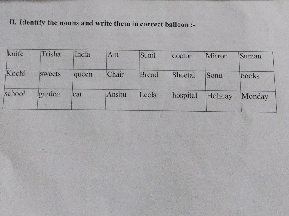 II. Identify the nouns and write them in | StudyX