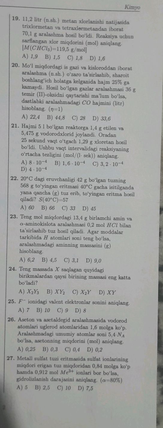 19. 11,2 litr (n.sh.) metan xlorlanishi | StudyX