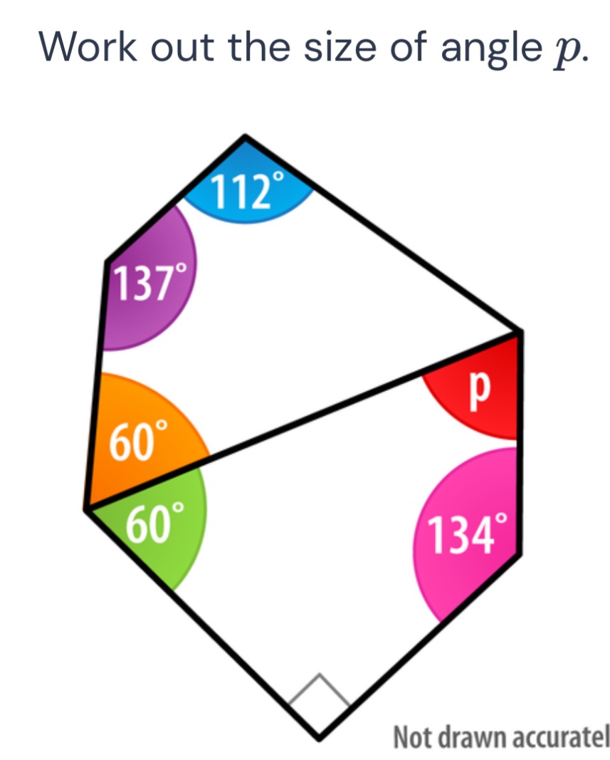 Work out the size of angle p. Angles given: