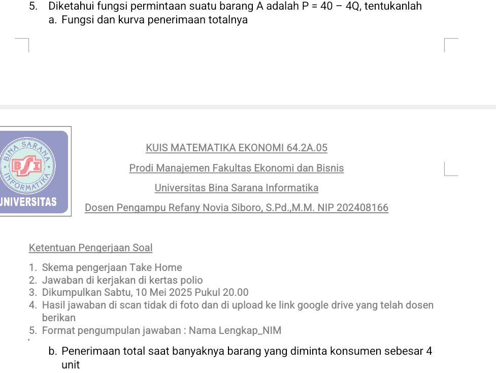 5. Diketahui fungsi permintaan suatu barang | StudyX