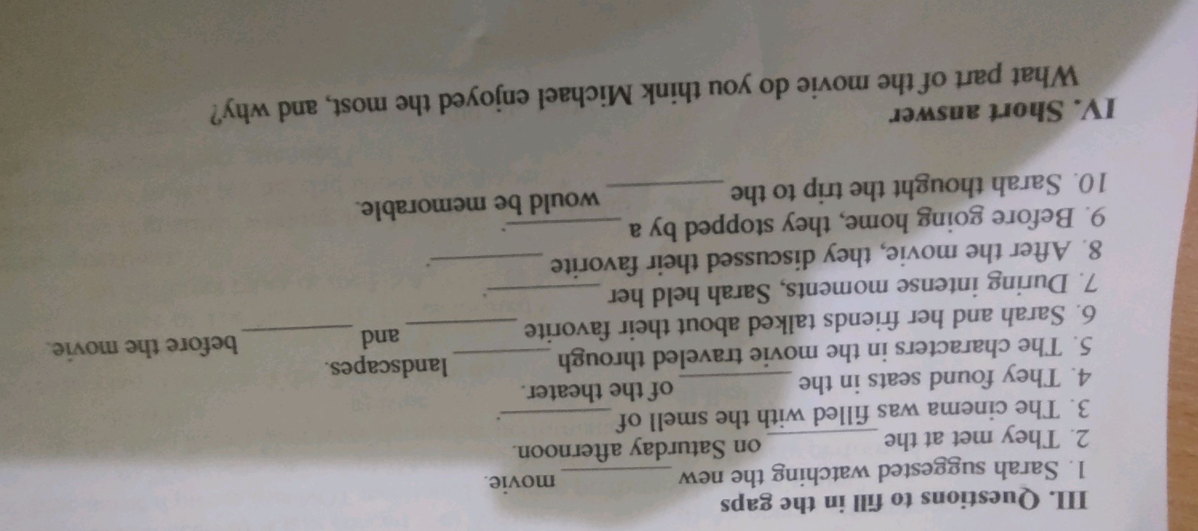 III. Questions to fill in the gaps 1. Sarah | StudyX