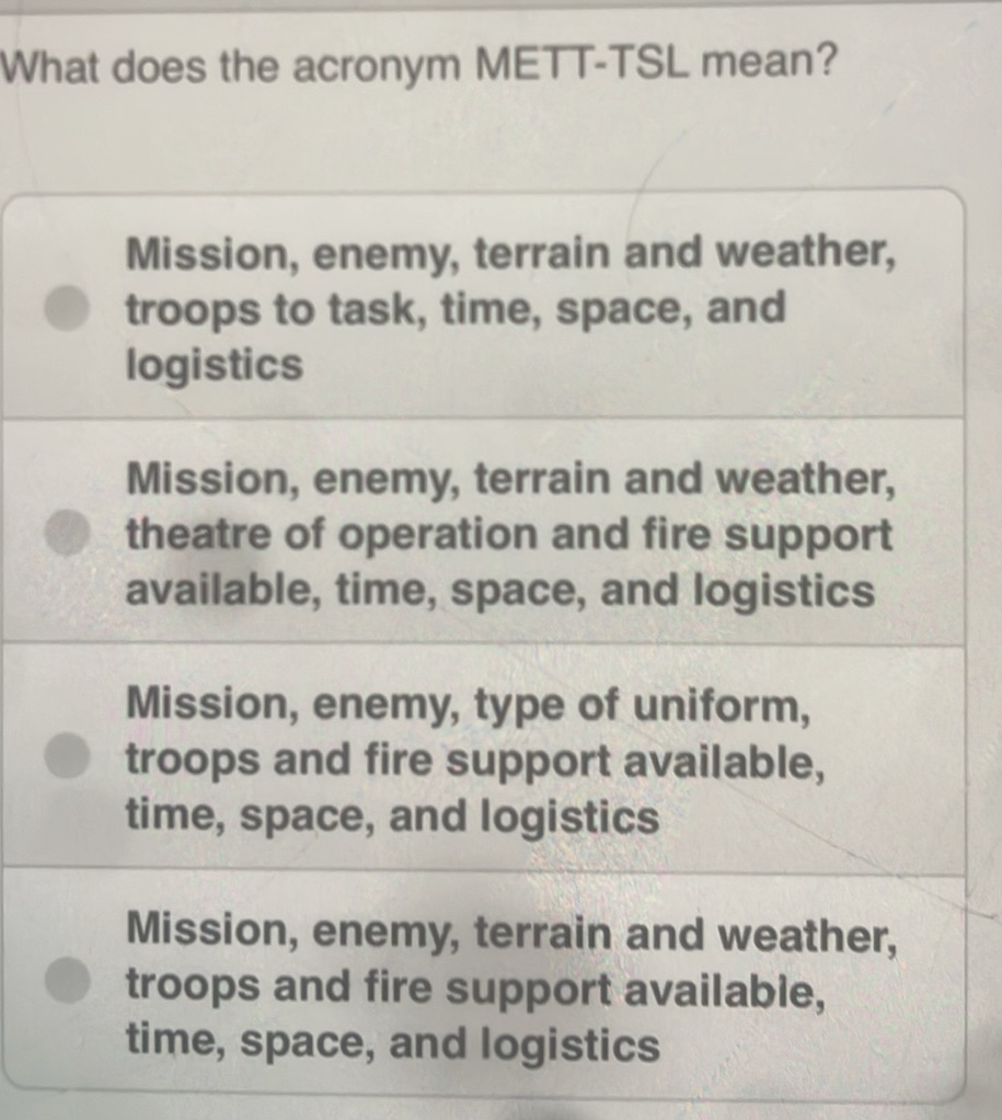 What does the acronym METT-TSL mean? | StudyX