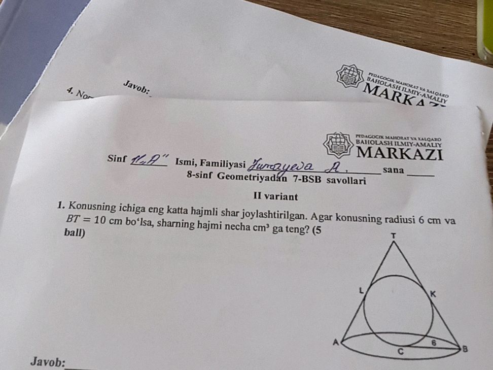 Konusning ichiga eng katta hajmli shar