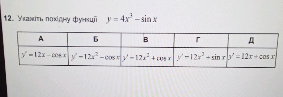 12. Укажіть похідну функції $y = 4x^3 - sin | StudyX
