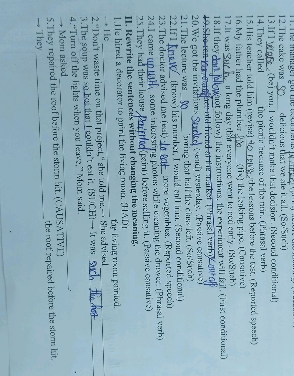 II. Rewrite the sentences without changing | StudyX