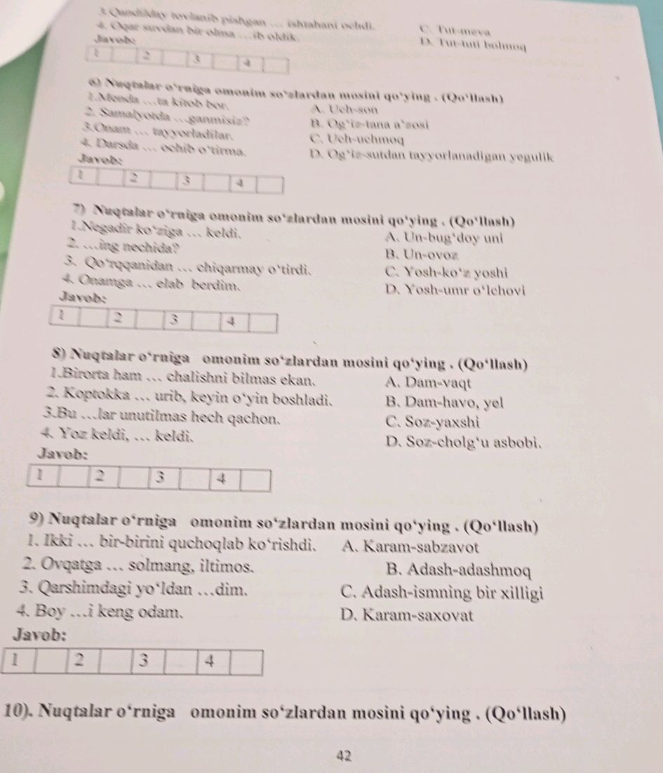 6) Nuqtalar o'rniga omonim so'zlardan mosini | StudyX