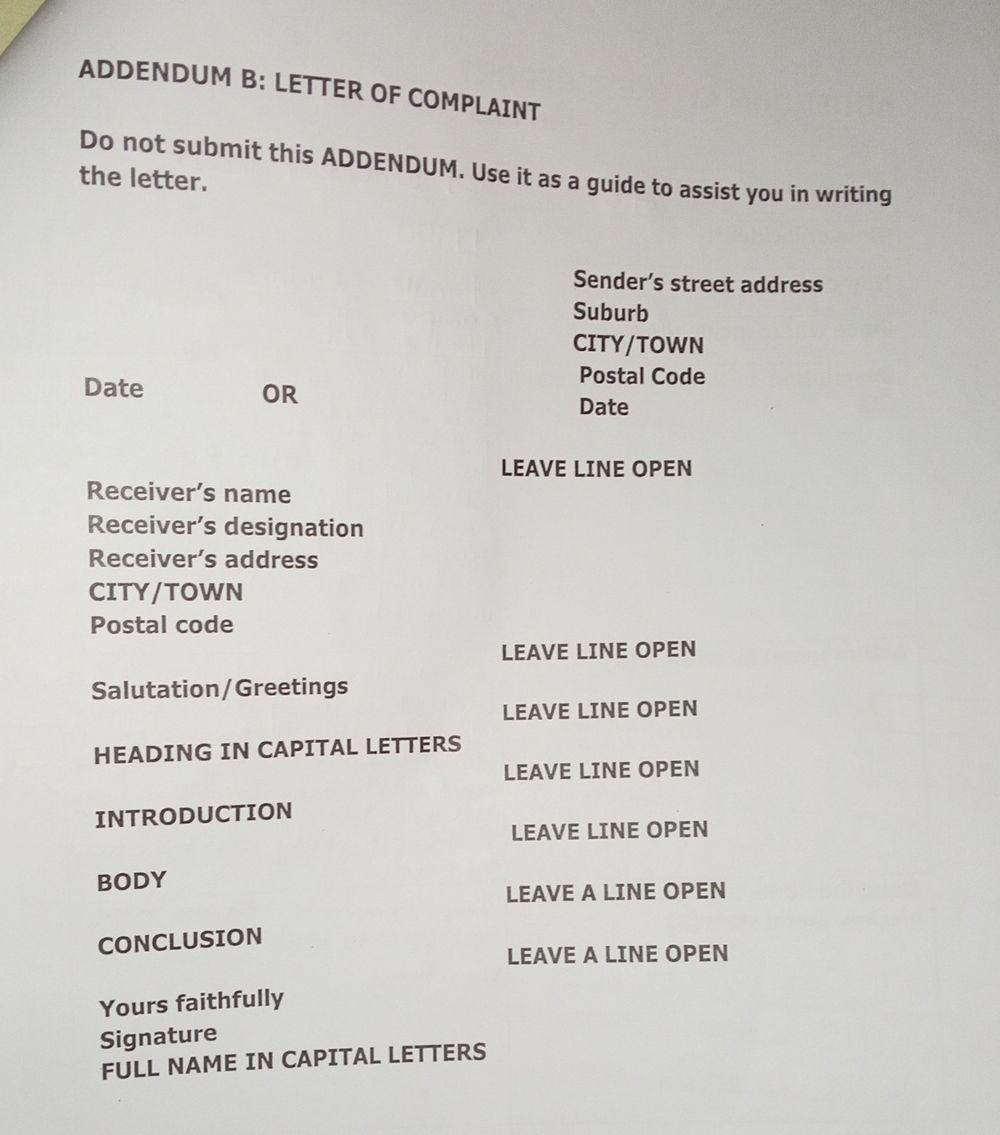 ADDENDUM B: LETTER OF COMPLAINT Do not | StudyX