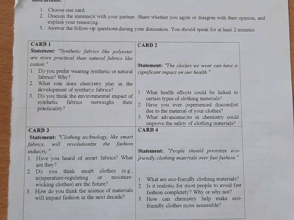 1. Choose one card. 2. Discuss the statement | StudyX