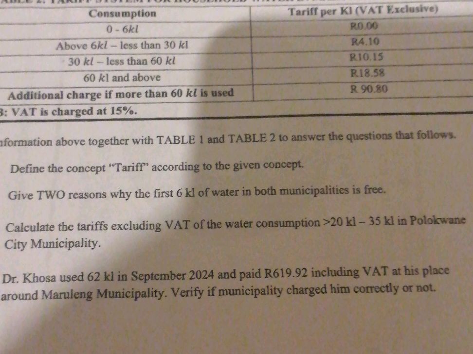 Consumption | Tariff per KI (VAT Exclusive) | StudyX