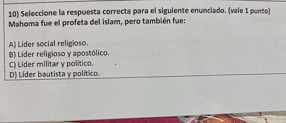 10) Seleccione la respuesta correcta para el | StudyX