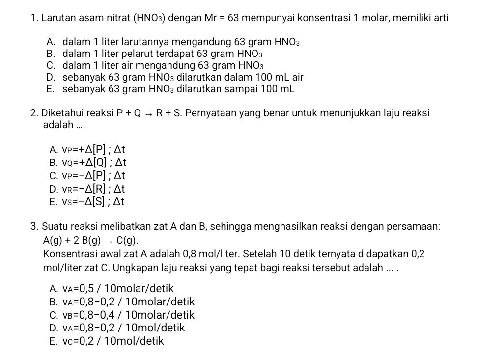 1. Larutan asam nitrat (HNO3) dengan Mr = 63 | StudyX