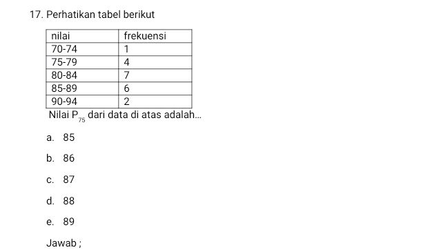 17. Perhatikan tabel berikut | nilai | | StudyX