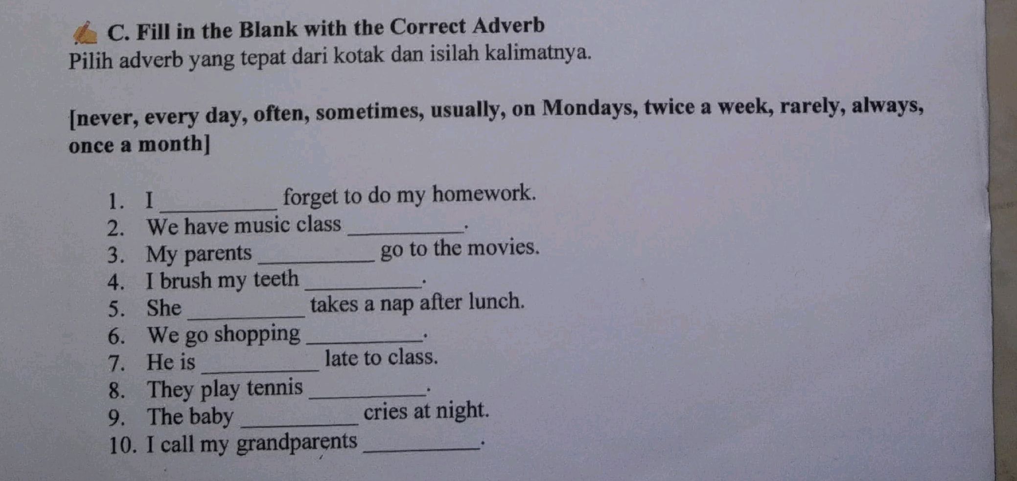 C. Fill in the Blank with the Correct Adverb | StudyX