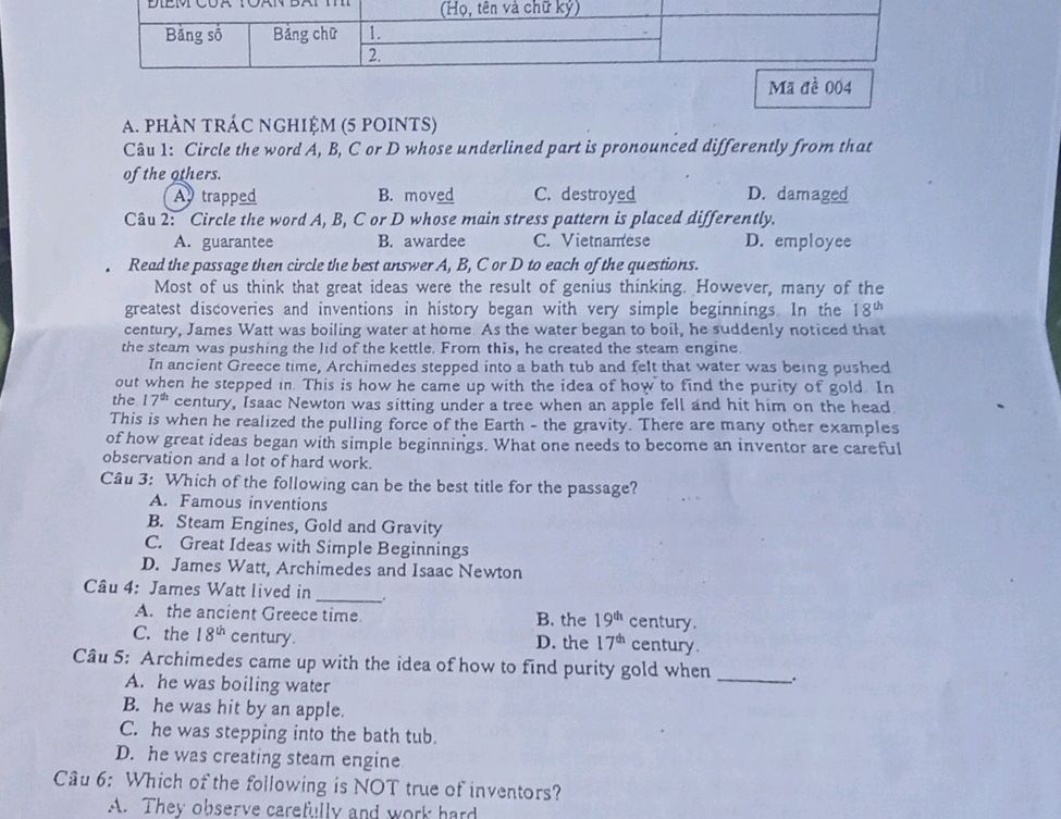 Câu 1: Circle the word A, B, C or D whose | StudyX