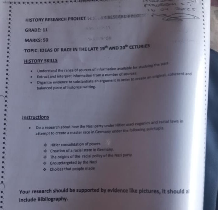 HISTORY RESEARCH PROJECT GRADE: 11 MARKS: 50 | StudyX