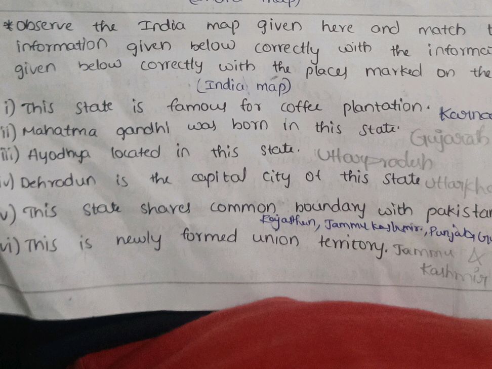 *Observe the India map given here and match | StudyX