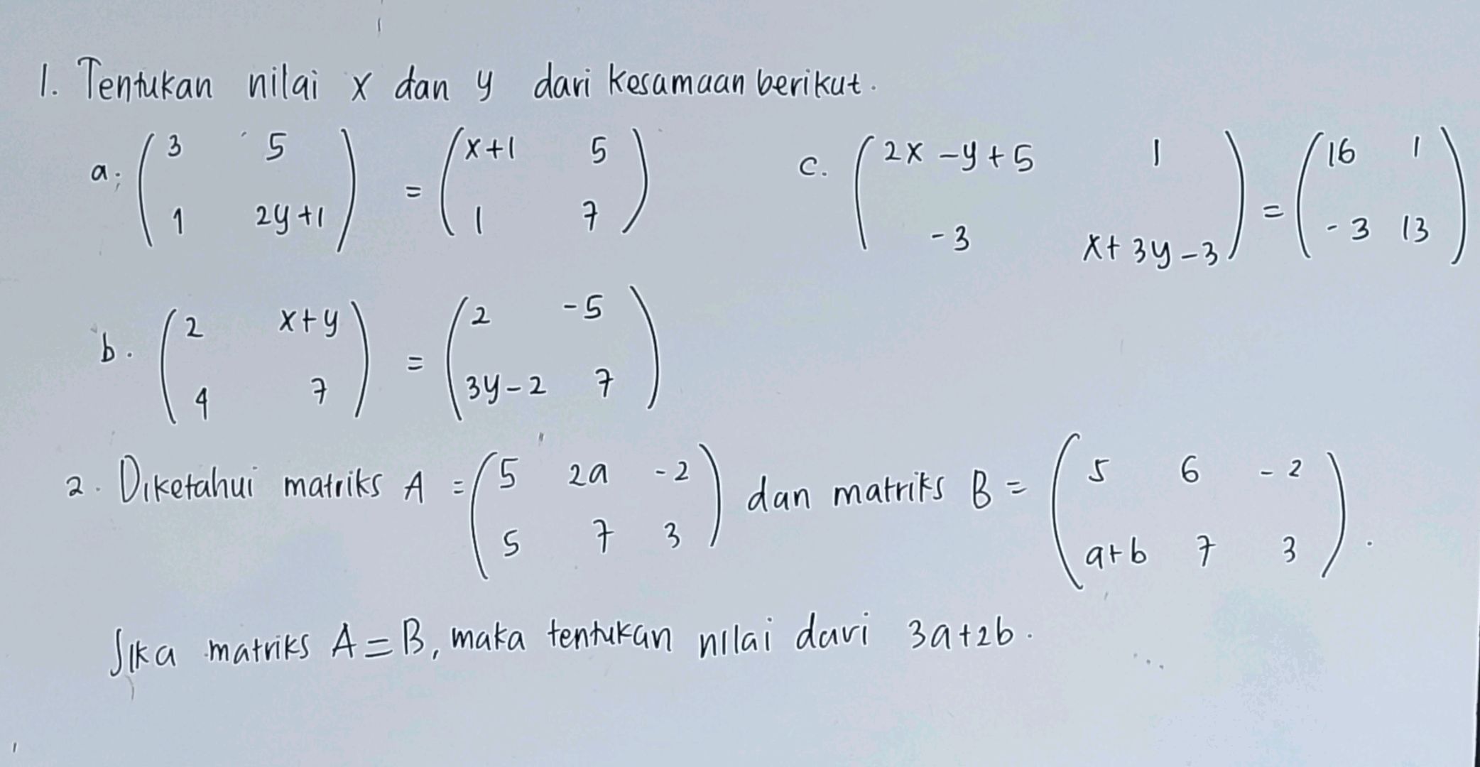 1. Tentukan nilai x dan y dari kesamaan | StudyX