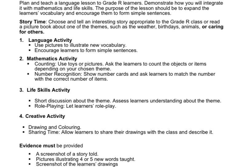 Plan and teach a language lesson to Grade R | StudyX