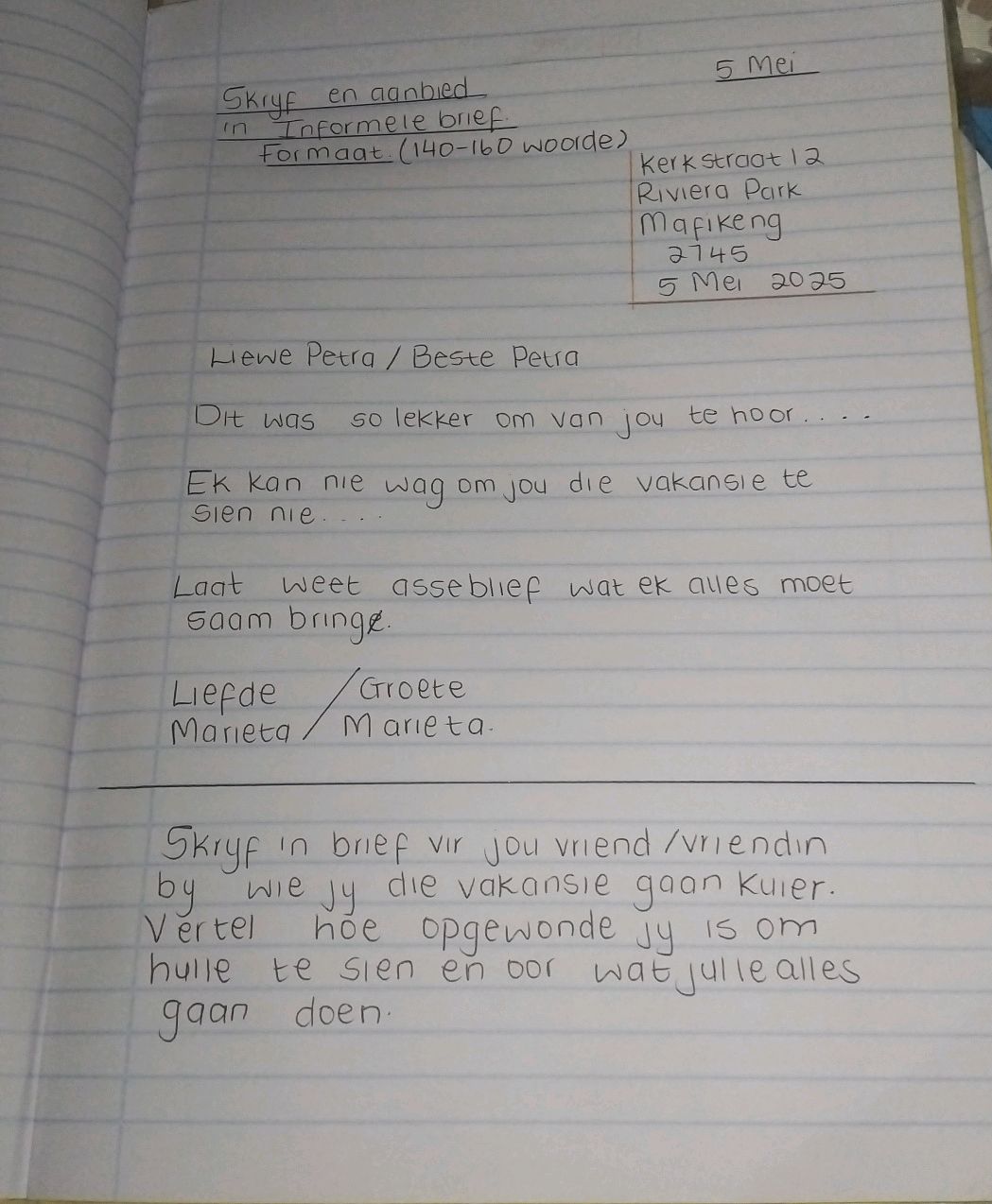 Skryf in brief vir jou vriend /vriendin by | StudyX