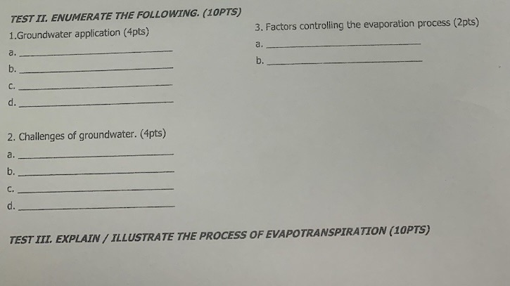 TEST II. ENUMERATE THE FOLLOWING. (10PTS) | StudyX