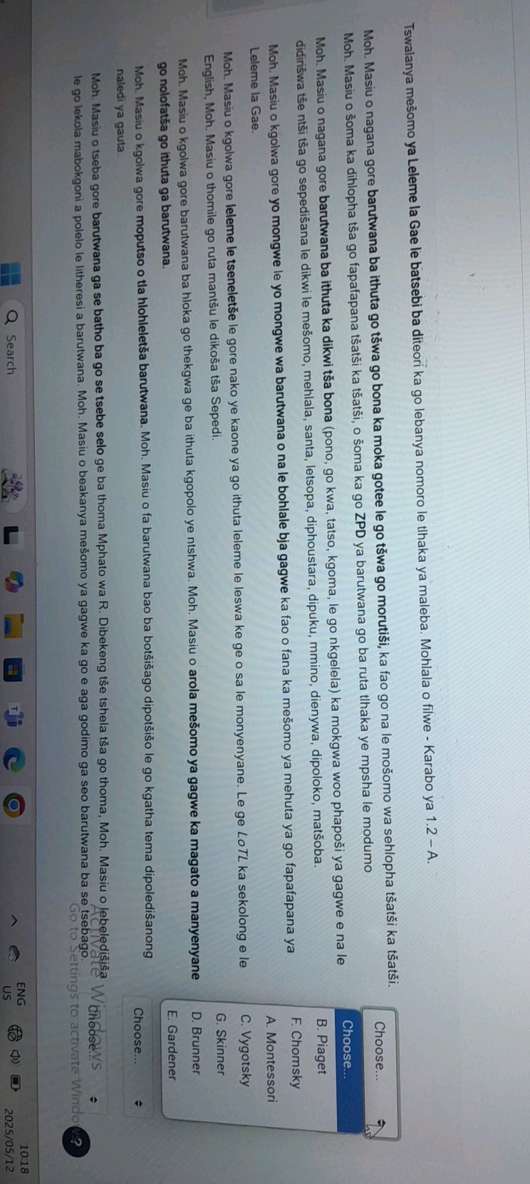 Tswalanya mešomo ya Leleme la Gae le batsebi | StudyX