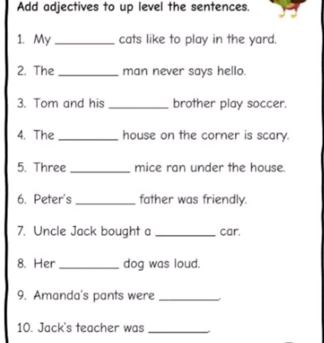 Add adjectives to up level the sentences. | StudyX