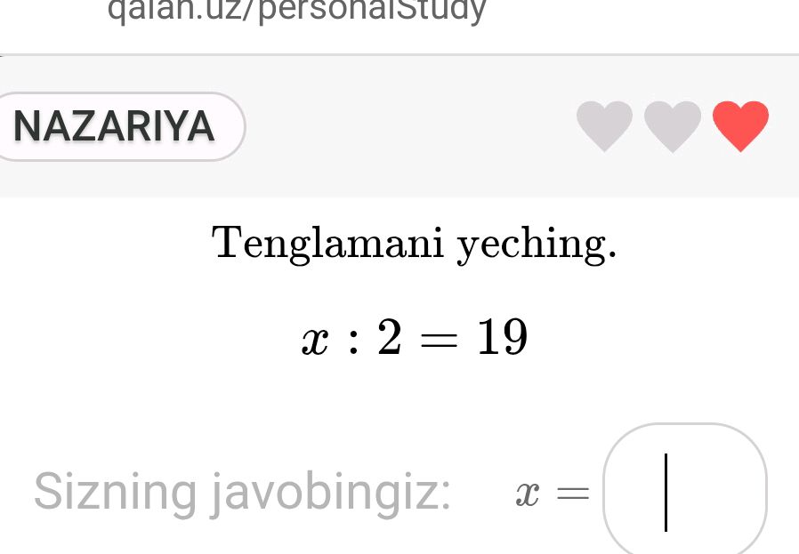 Tenglamani yechish: x/2 = 19 | StudyX