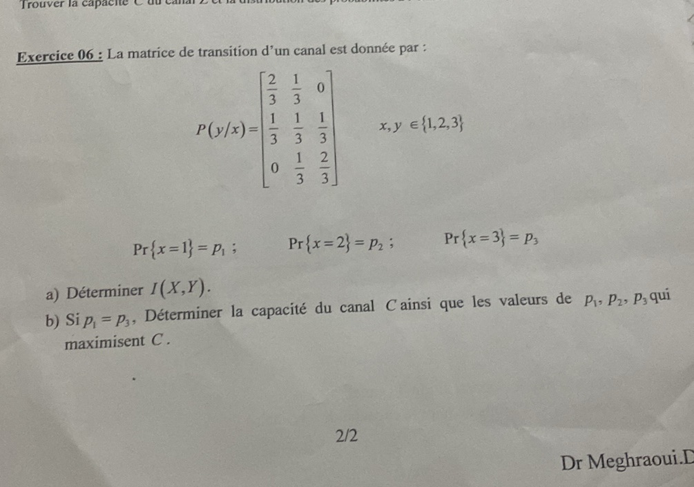 Exercice 06: La matrice de transition d'un | StudyX