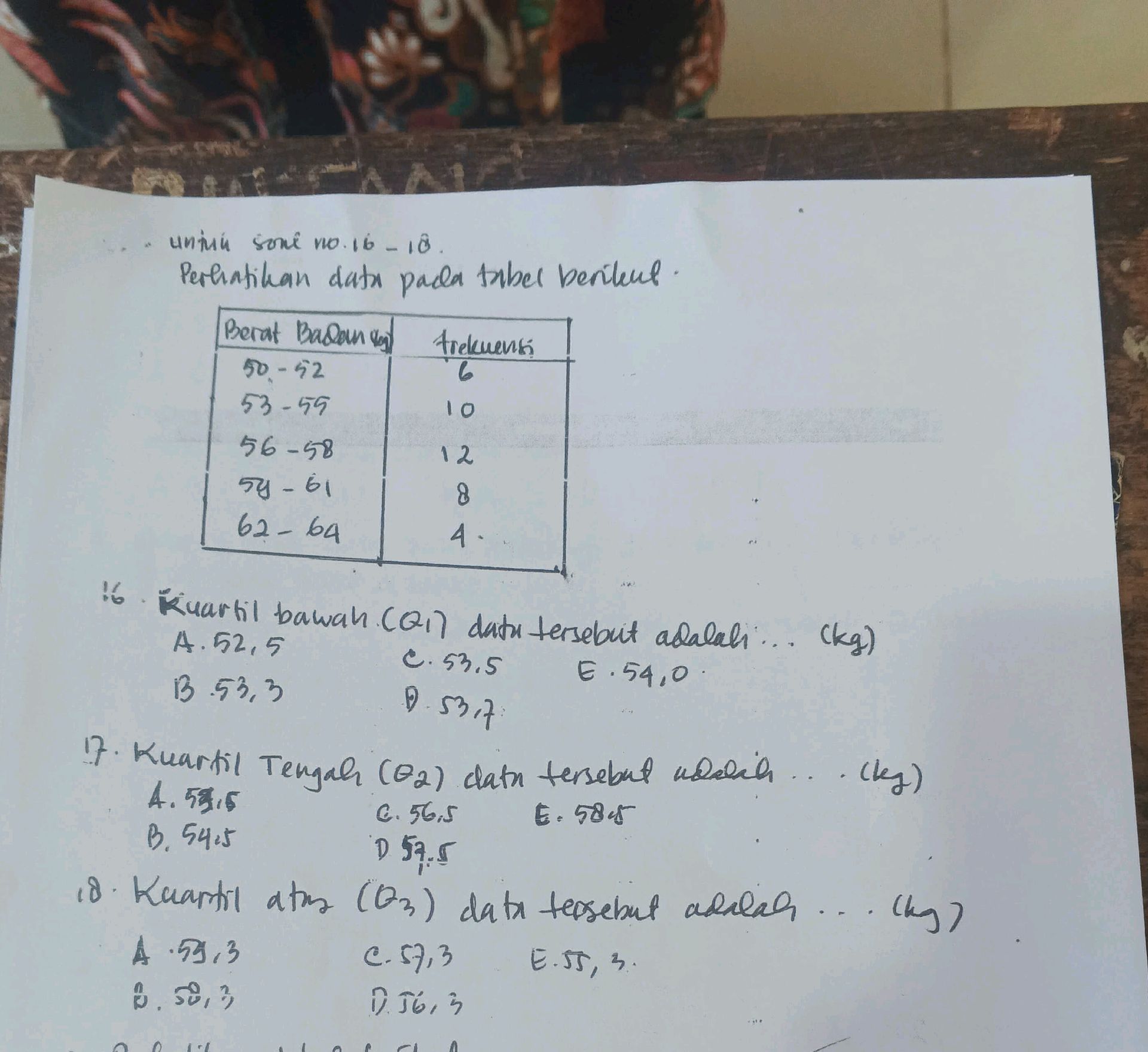 untuk soal no. 16 - 18. Perhatikan data pada | StudyX