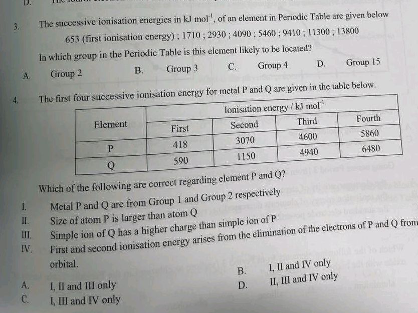 The successive ionisation energies in kJ | StudyX
