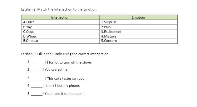 Latihan 2: Match the Interjection to the | StudyX