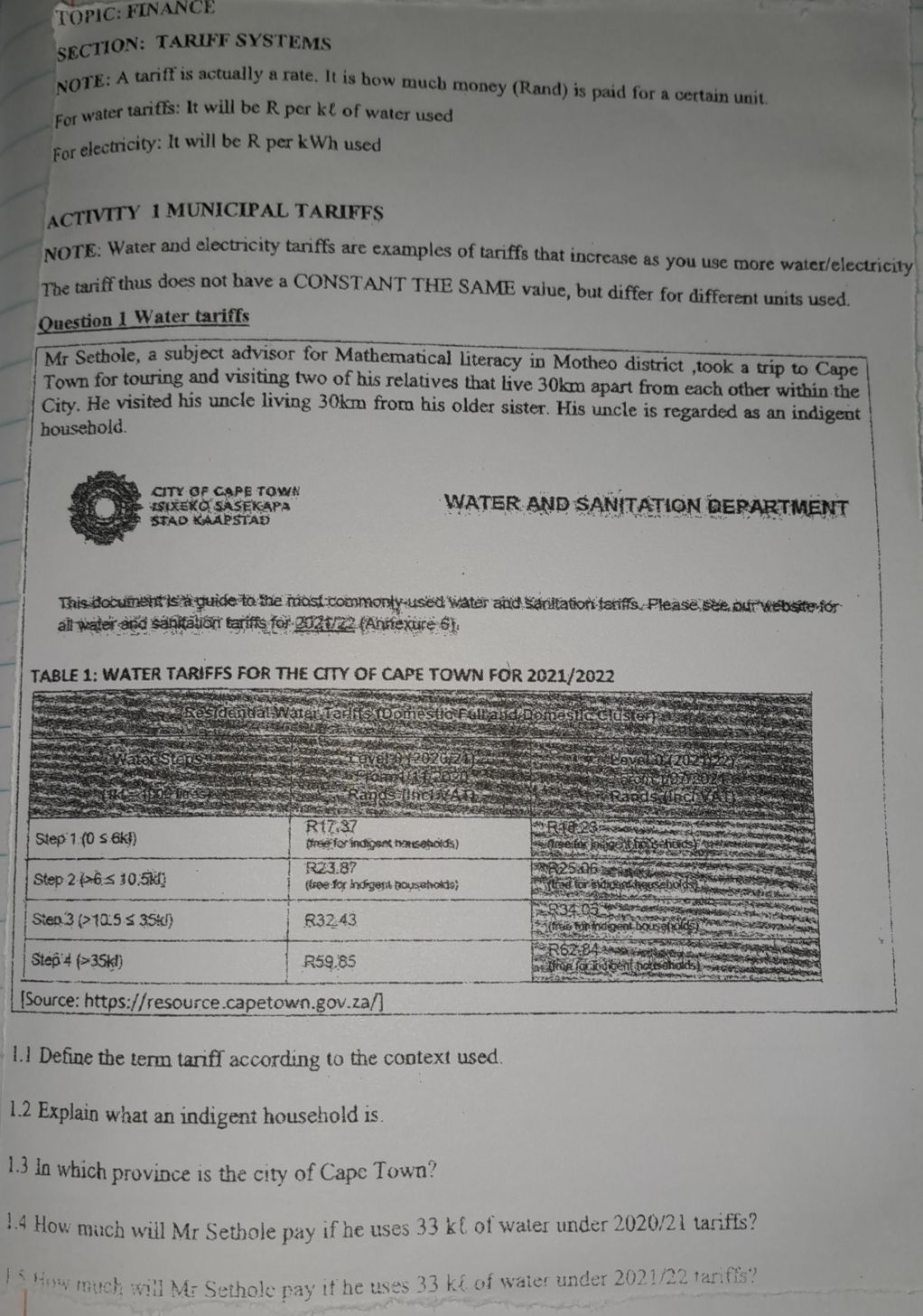 TABLE 1: WATER TARIFFS FOR THE CITY OF CAPE | StudyX