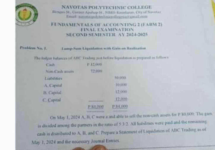 Problem No. 1. Lump-Sum Liquidation with | StudyX
