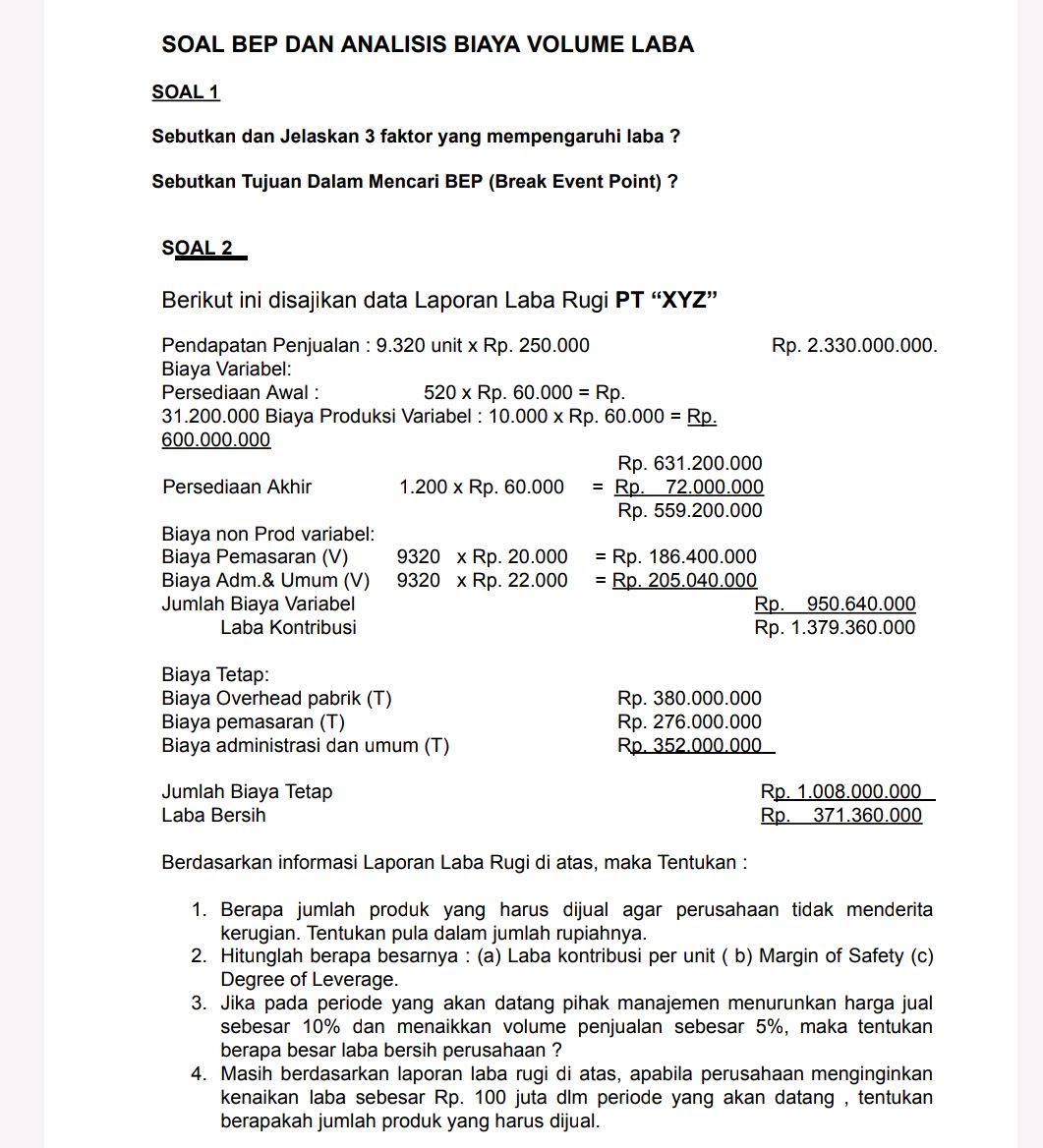 SOAL BEP DAN ANALISIS BIAYA VOLUME LABA | StudyX