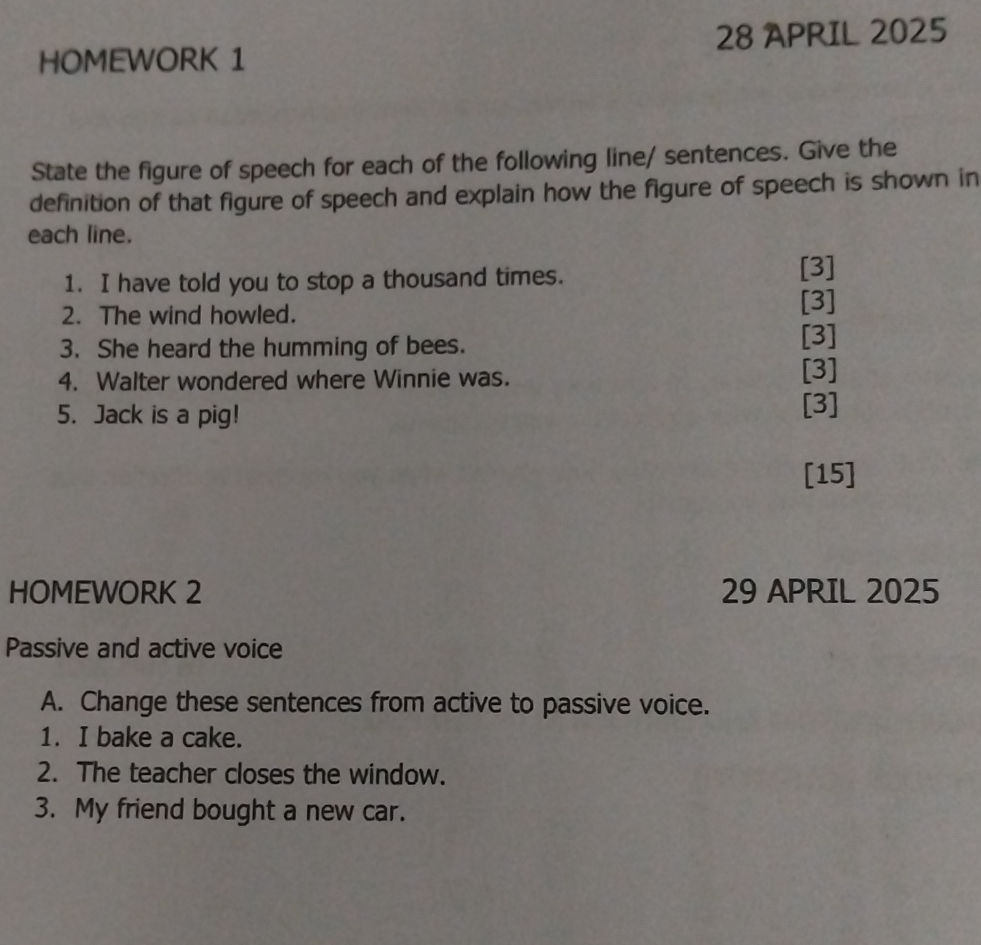 HOMEWORK 1 State the figure of speech for | StudyX