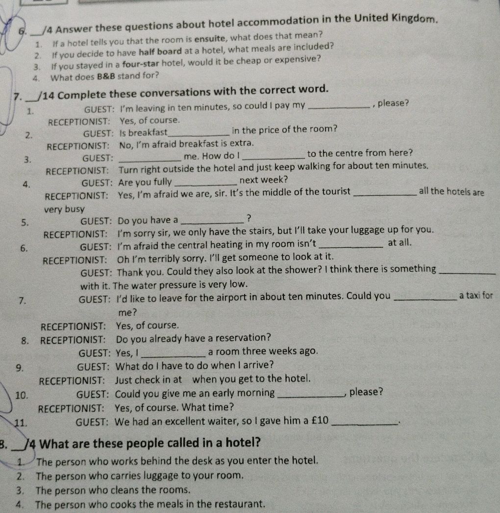 6. /4 Answer these questions about hotel | StudyX