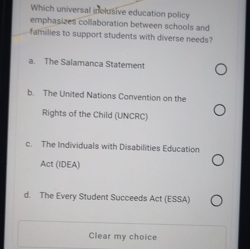 Which universal inclusive education policy | StudyX