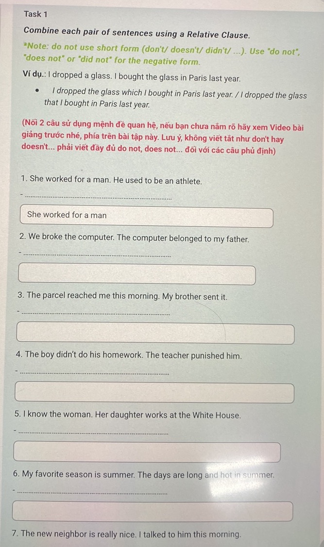 Task 1 Combine each pair of sentences using | StudyX