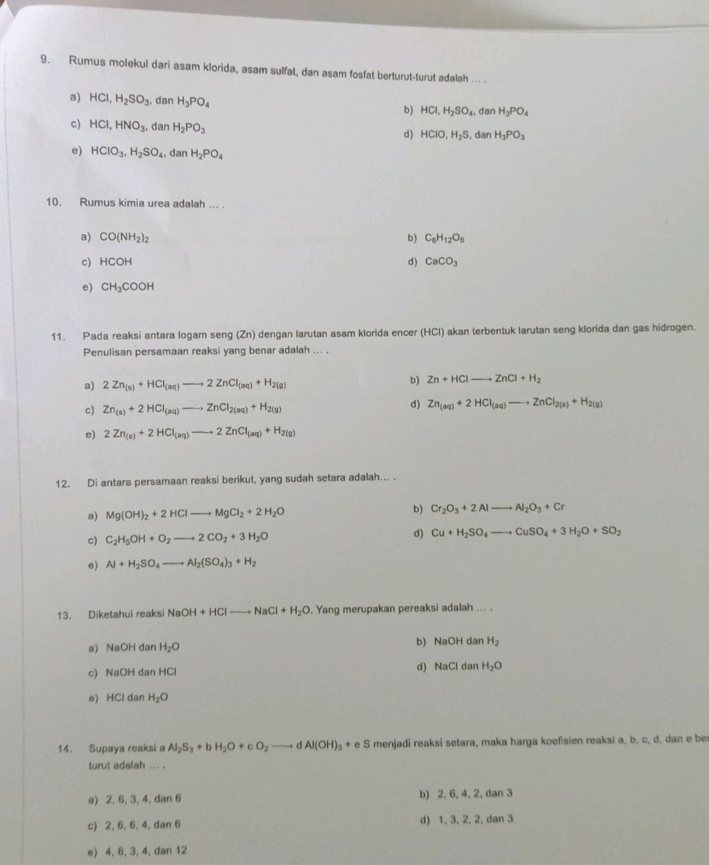 9. Rumus molekul dari asam klorida, asam | StudyX