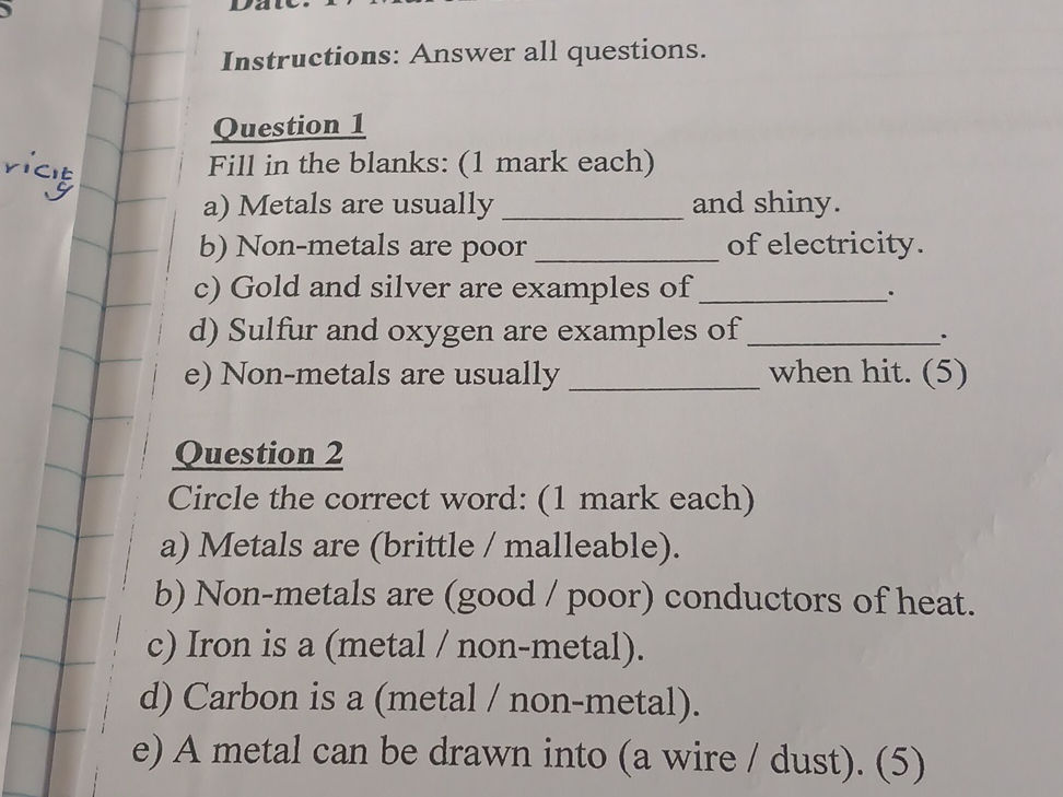 Question 1 Fill in the blanks: (1 mark each) | StudyX
