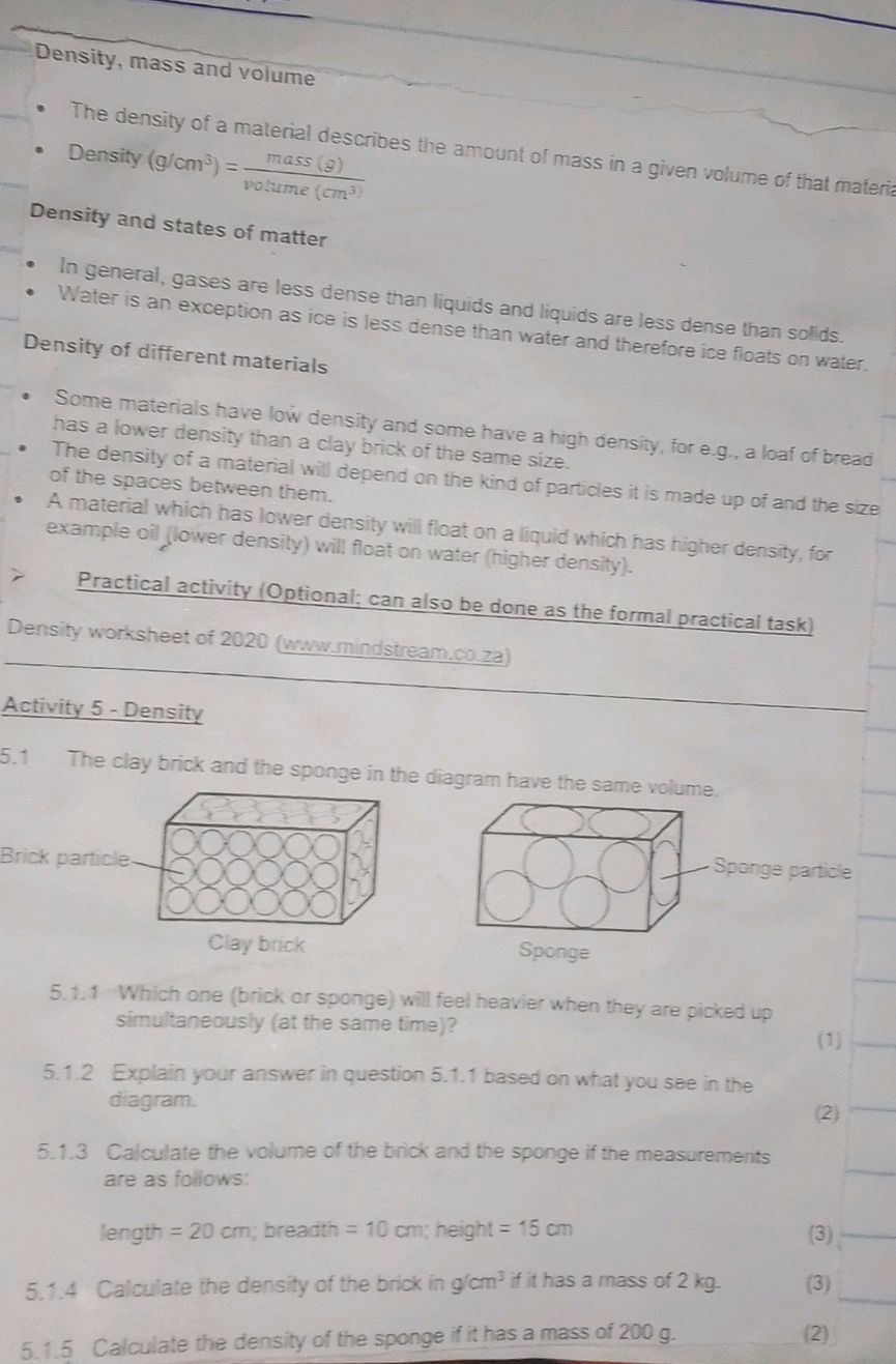 Density, mass and volume The density of a | StudyX