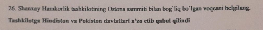 26. Shanxay Hamkorlik tashkilotining Ostona | StudyX
