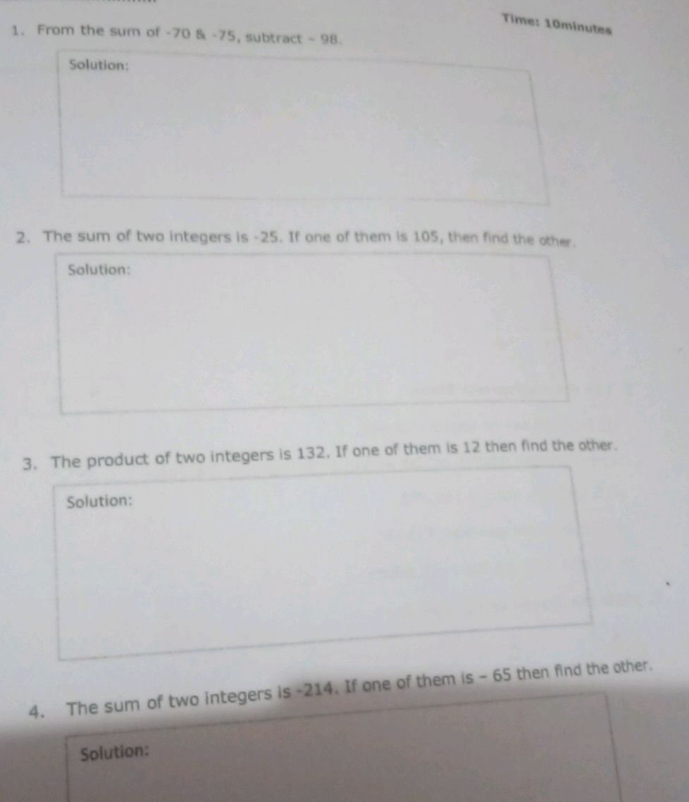 1. From the sum of -70 -75, subtract - 98. | StudyX