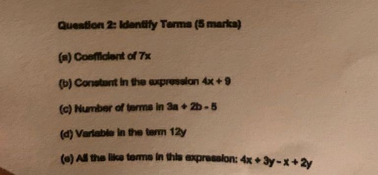 Question 2: Identify Terms (5 marks) (a) | StudyX
