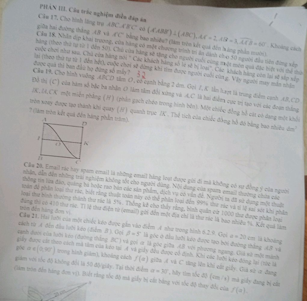 Câu 17. Cho hình lăng trụ $ABC.A'B'C'$ có | StudyX