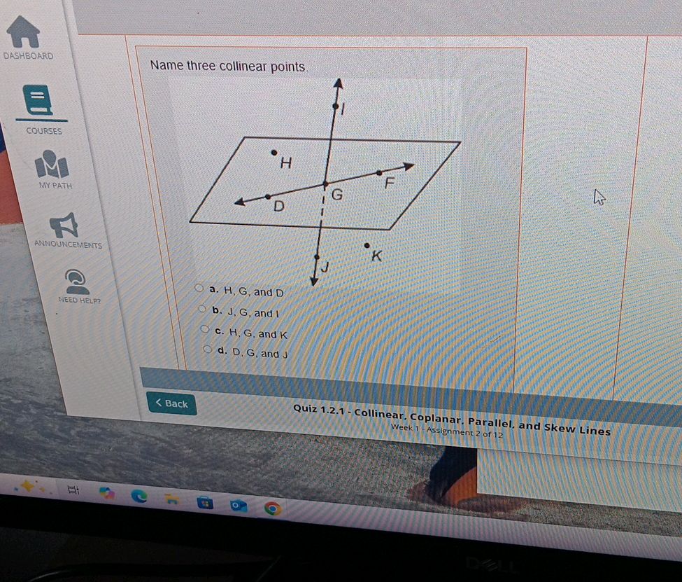 Name three collinear points. a. H, G, and D | StudyX