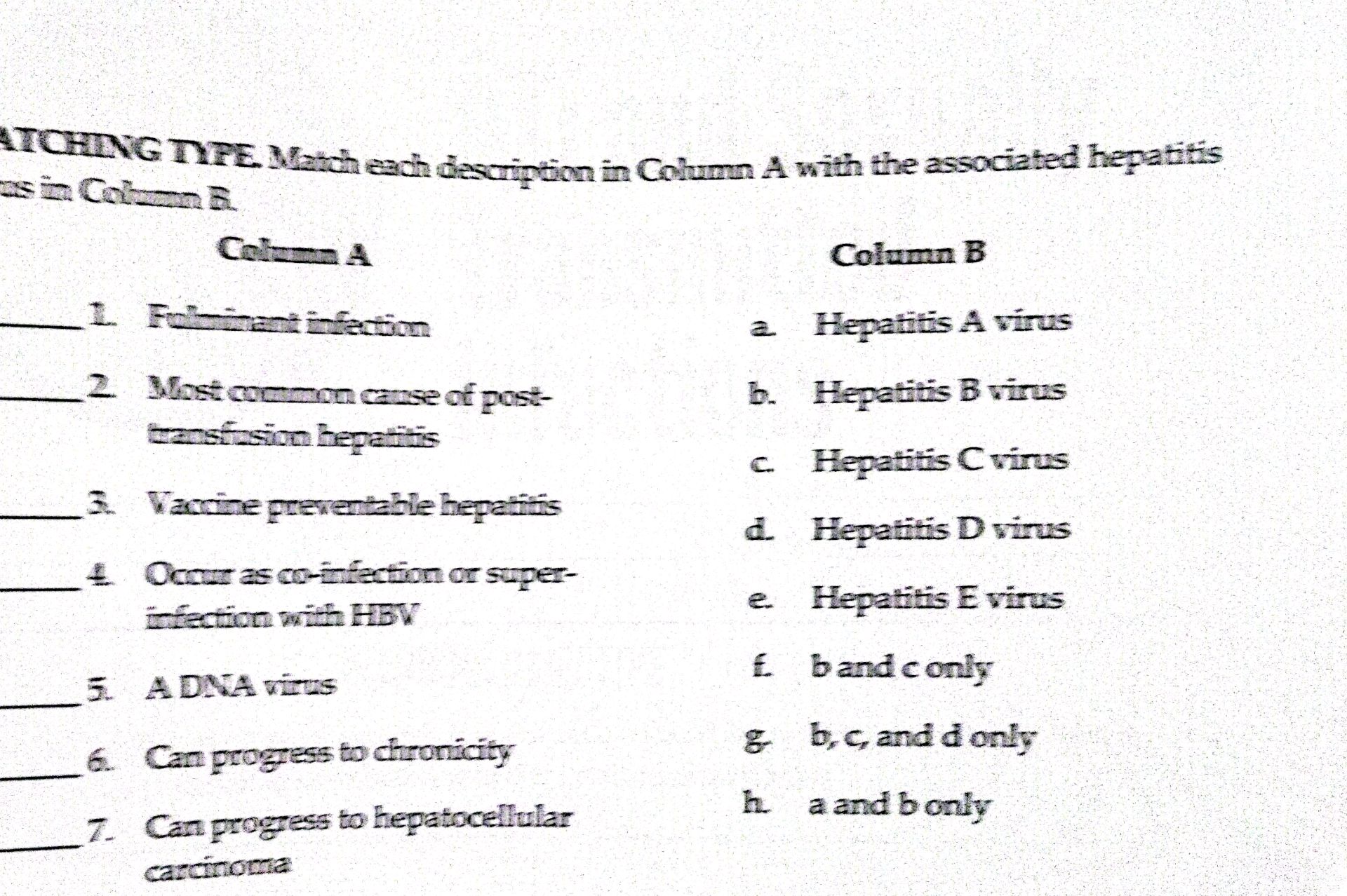 MATCHING TYPE. Match each description in | StudyX